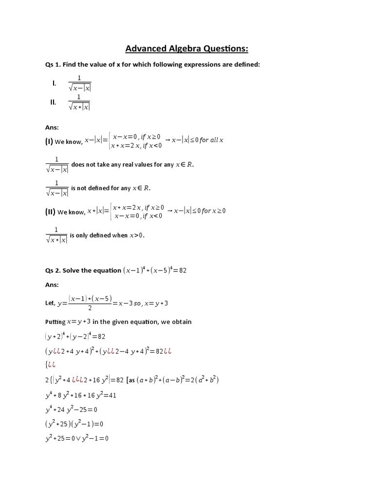 Advanced Algebra Questions:: Qs 1. Find The Value of X For Which ...