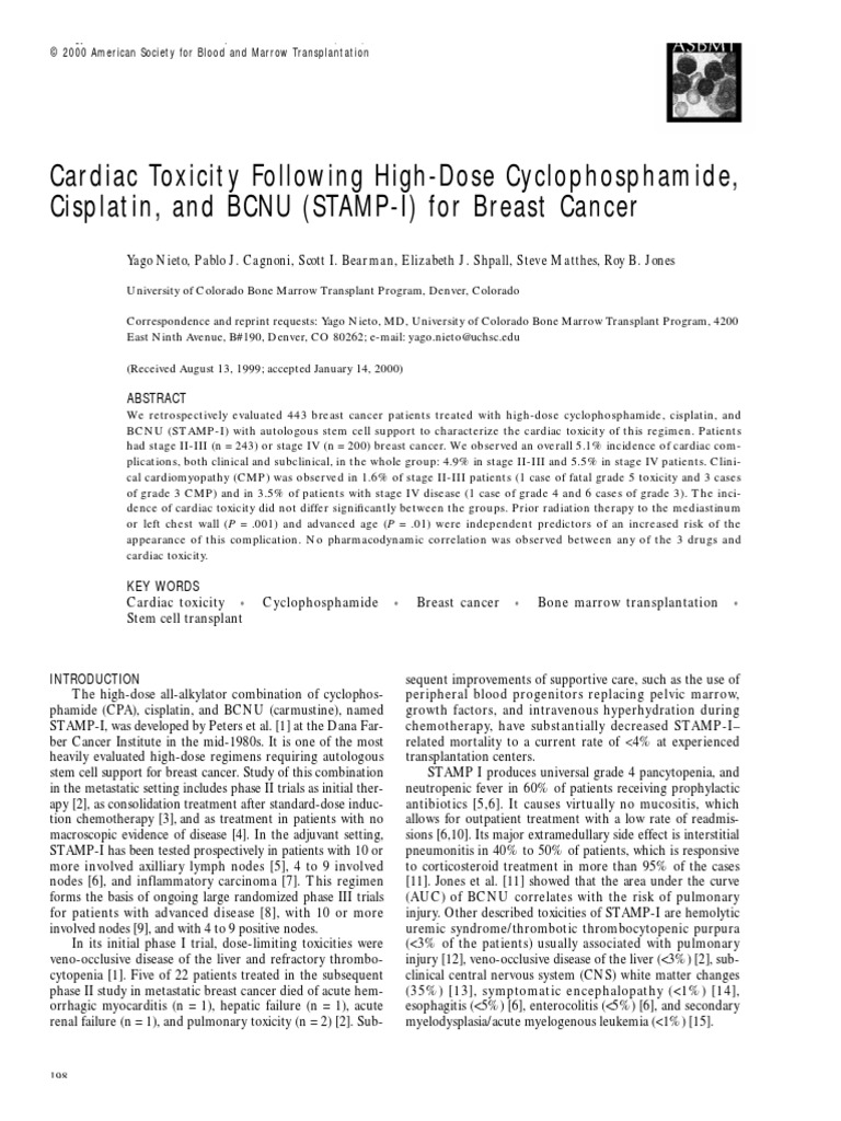 Cardiac Toxicity Following High-Dose Cyclophosphamide, Cisplatin, and BCNU (STAMP-I) For Breast ...