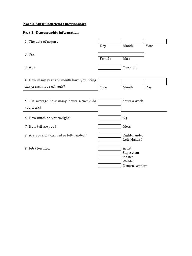Nordic Musculoskeletal Questionnaire | PDF | Elbow | Dance Science