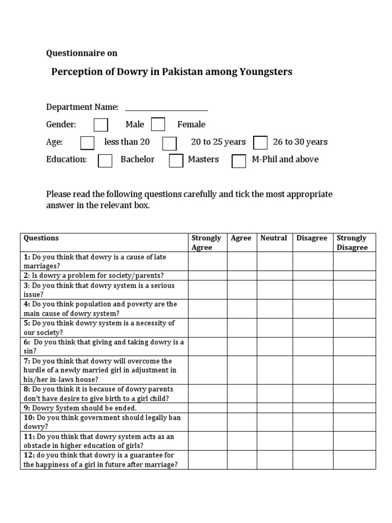 Questionnaire, Perception of Dowry in Pakistan Among Youngsters | PDF ...