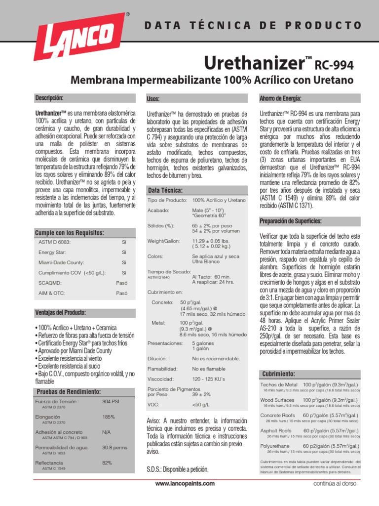 Urethanizer RC994 TDS ESP PDF | PDF | Hormigón | Agua