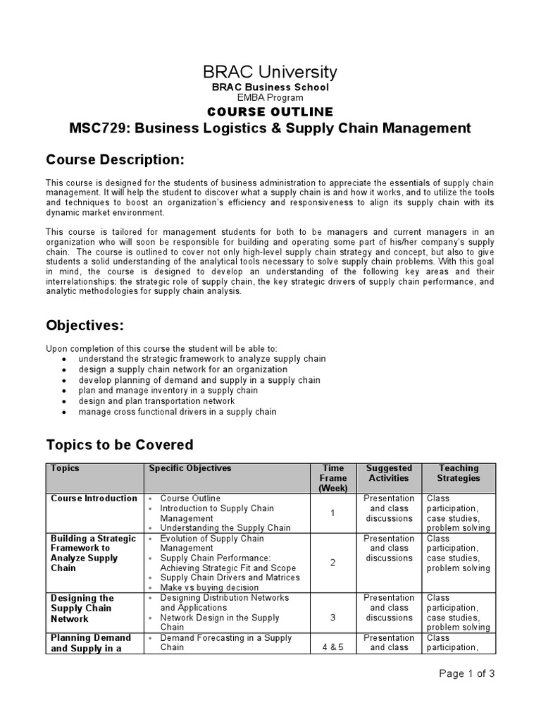 Course Outline - BL & Supply Chain Management - EMBA | PDF | Supply ...
