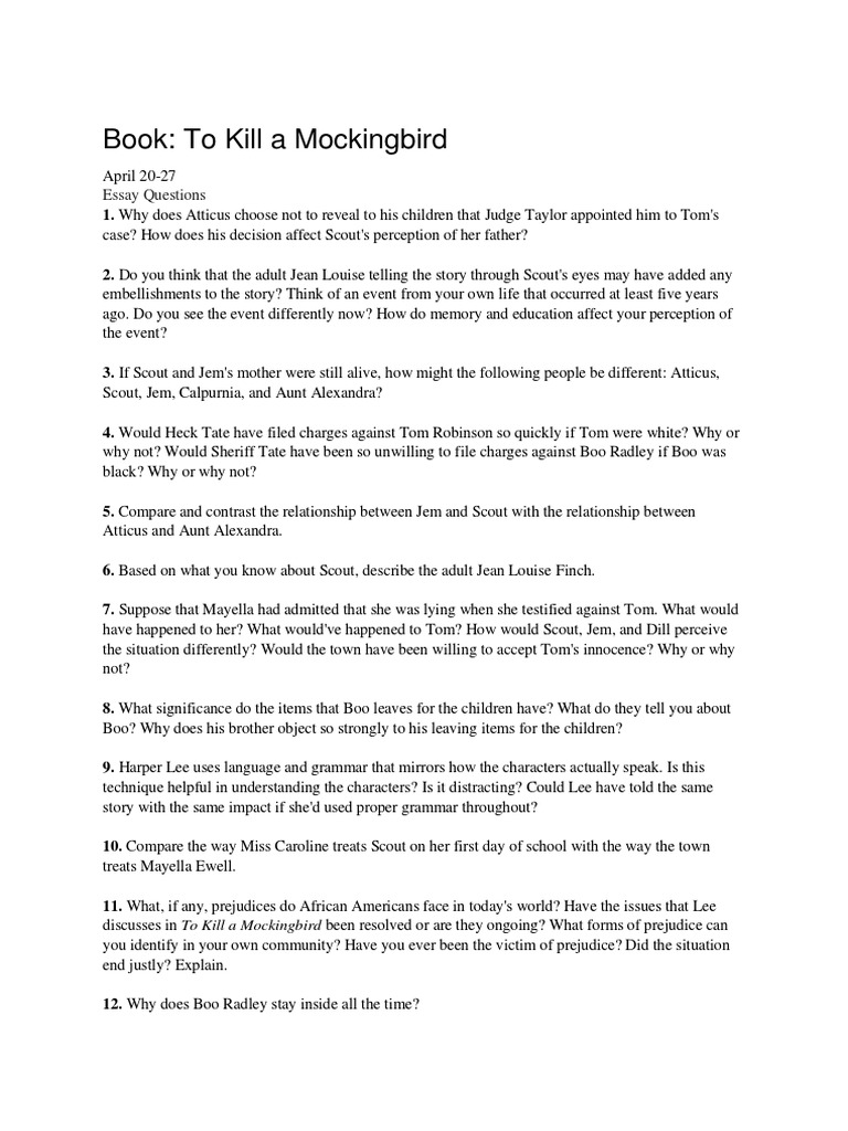Book: To Kill A Mockingbird: Essay Questions | PDF