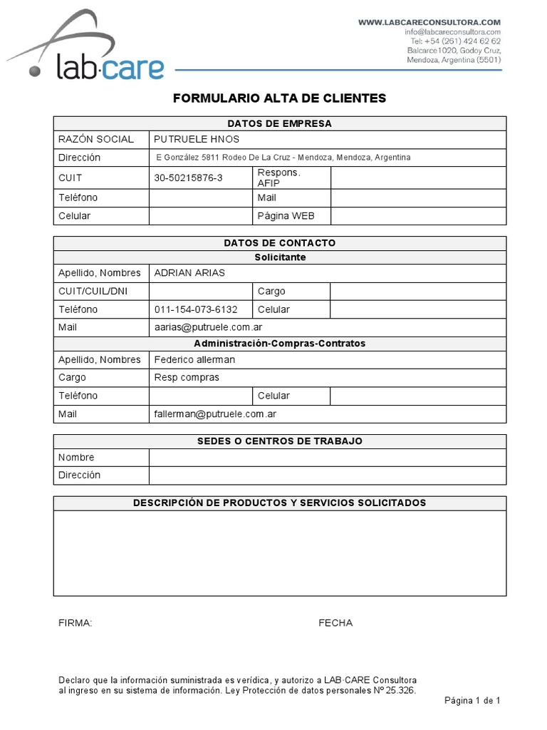 Formulario - Alta - Cliente - Labcare | PDF
