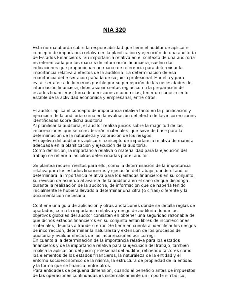 Resumen Nia 320 | PDF | Auditoría | Contralor