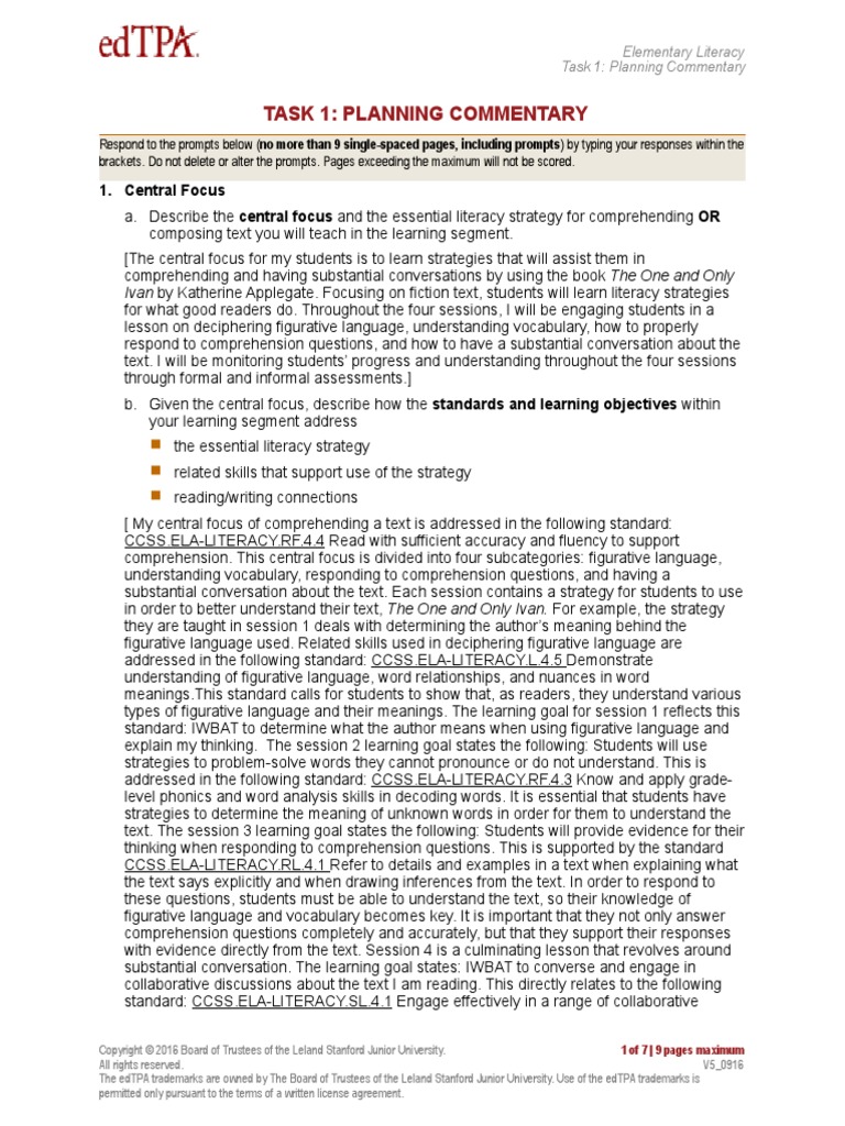 Edtpa Ell Planning Commentary | PDF | Reading Comprehension | Literacy