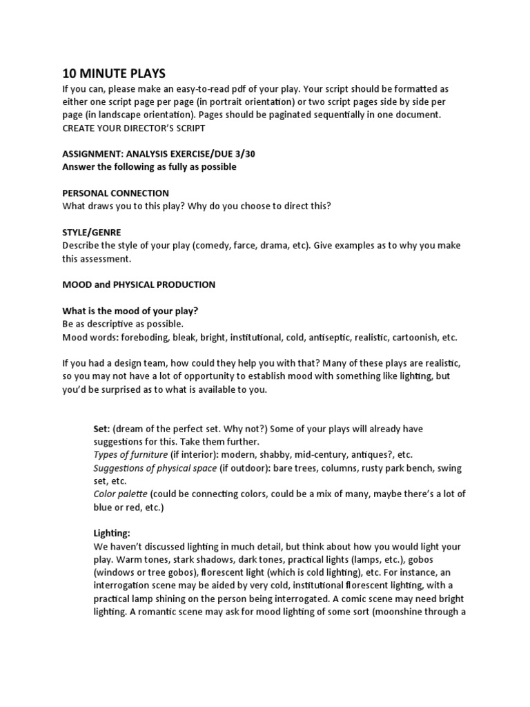 10 Minute Play Script Analysis Exercises | Download Free PDF | Lighting