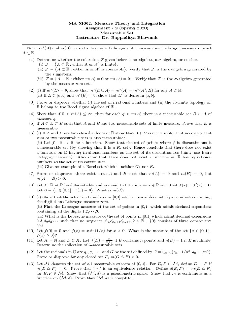 Assignment 2 2020 | PDF | Measure (Mathematics) | Mathematical Structures