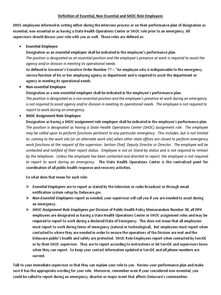 Definition of Essential, Non-Essential and SHOC Role Employees | PDF ...