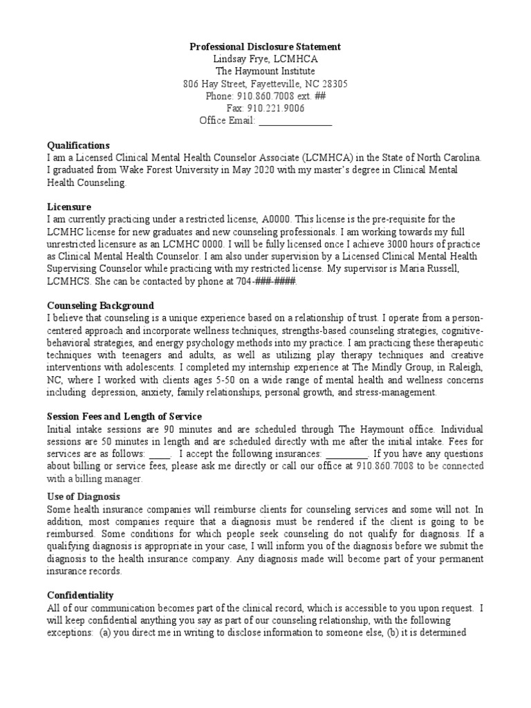 LCMHCA Professional Disclosure Statement | PDF | Confidentiality ...