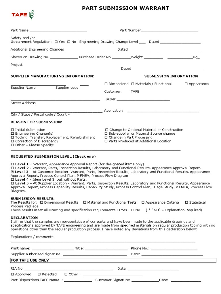 Part Submission Warrant Template | PDF | Specification (Technical ...