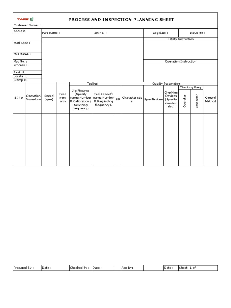Format 9 A - Process & Inspection Planning Sheet | PDF