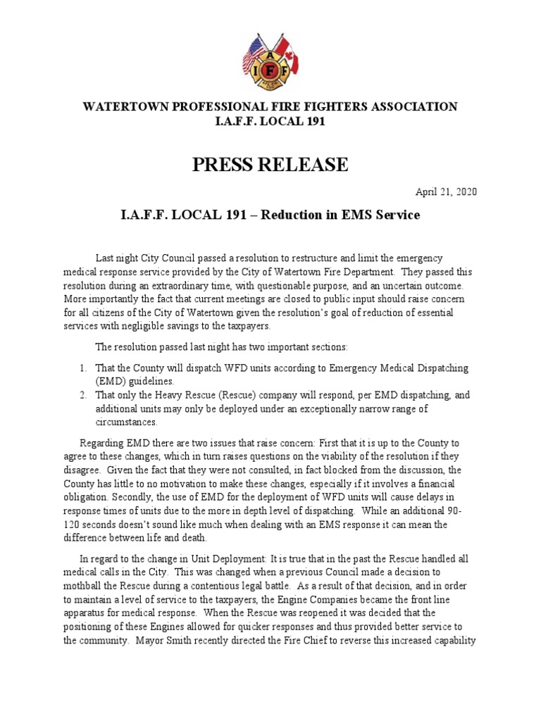 IAFF Local 191 Response April 21, 2020 | PDF | Emergency Medical ...