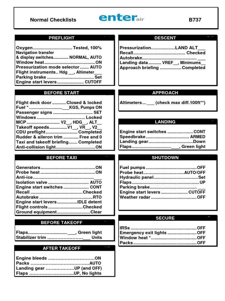 Checklist EnterAir B738 | PDF | Spaceflight Technologies | Aerospace