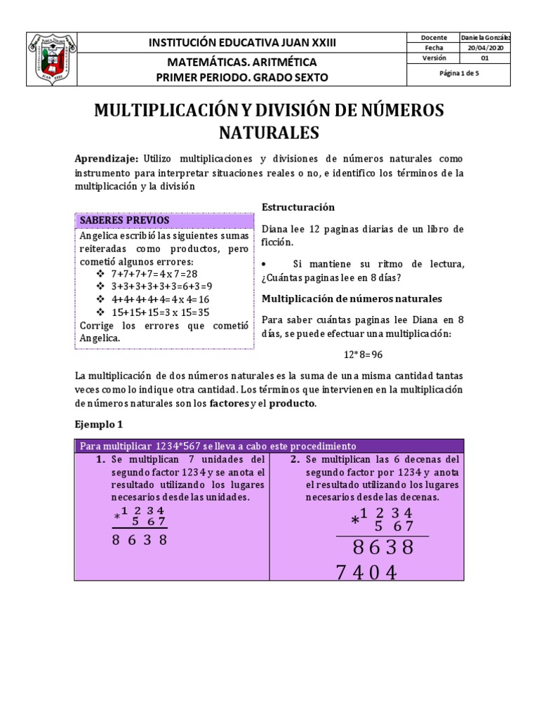 Multiplicación y División de Números Naturales | PDF | División ...