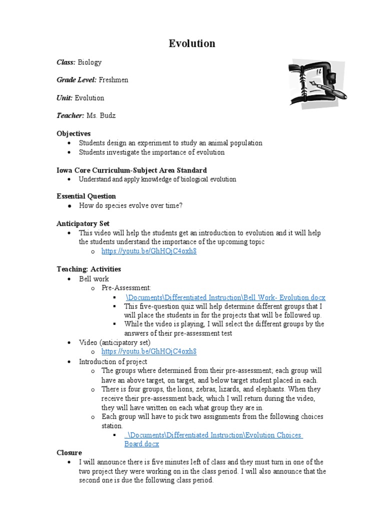 Evolution: Class: Biology Grade Level: Freshmen Unit: Evolution Teacher ...
