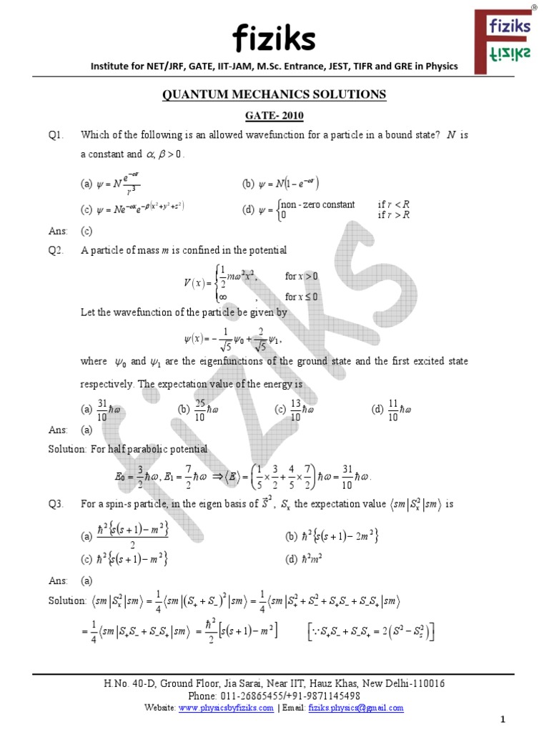 4.quantum Mechanics - GATE PDF | PDF | Wave Function | Spin (Physics)