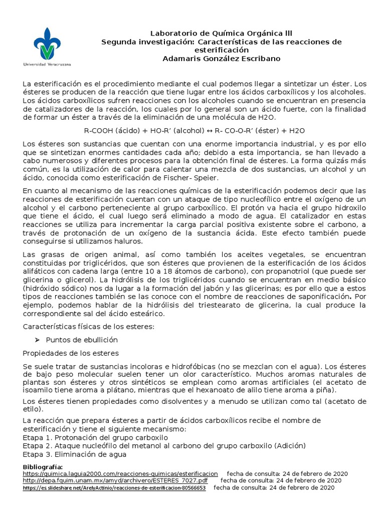 Características De Las Reacciones De Esterificacion Pdf Ester