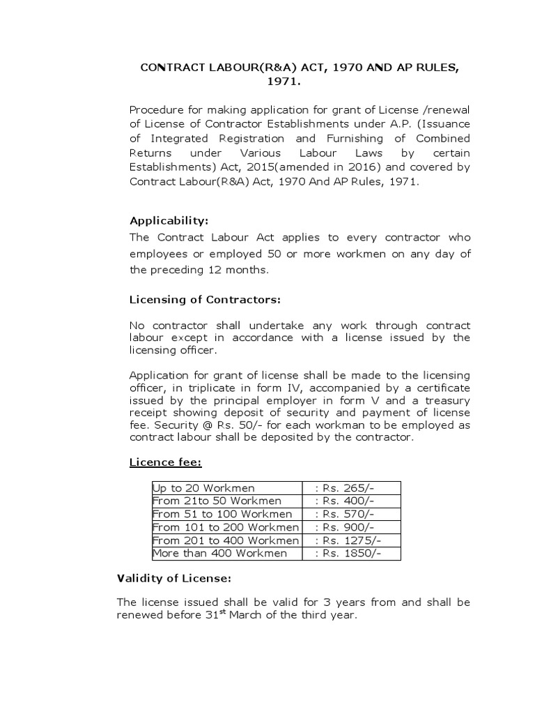 Contract Labour (R&A) Act, 1970 and Ap Rules, 1971 | PDF | License | Wage