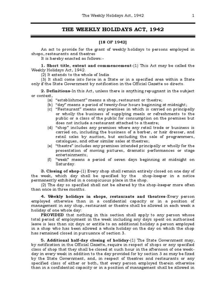The Weekly Holidays Act, 1942 | PDF | Common Law | Government Information