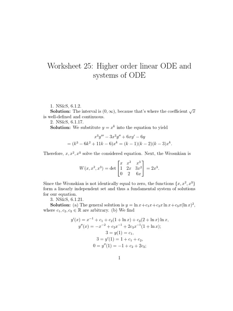 Worksheet 25 Higher Order Linear Ode And Systems Of Ode Pdf Eigenvalues And Eigenvectors 9686