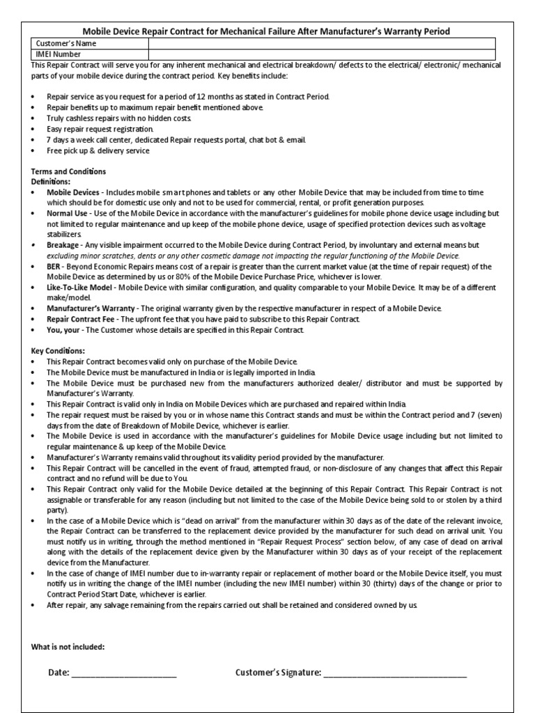 Mobile Device Repair Contract For Mechanical Failure After Manufacturer ...