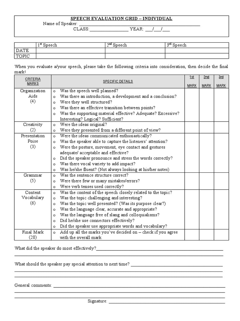 Speech Evaluation Grid - 4297 | PDF | Speech | Vocabulary
