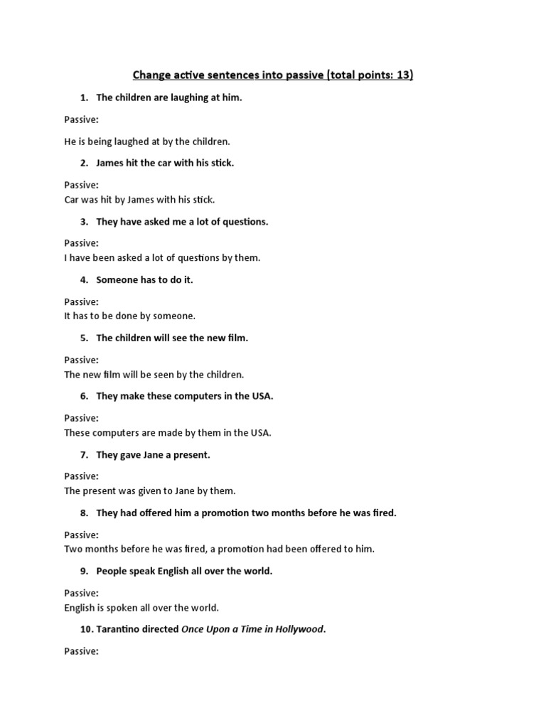 Change Active Sentence S Into Passive (Total Points: 13) | PDF