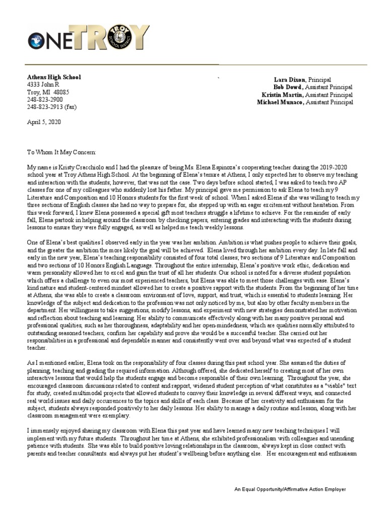 Mentor Teacher Letter of Recommendation | PDF | Classroom | Teachers