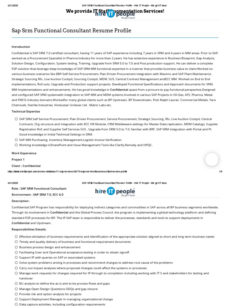 SAP SRM Functional Consultant Resume Profile - Hire IT People - We Get ...