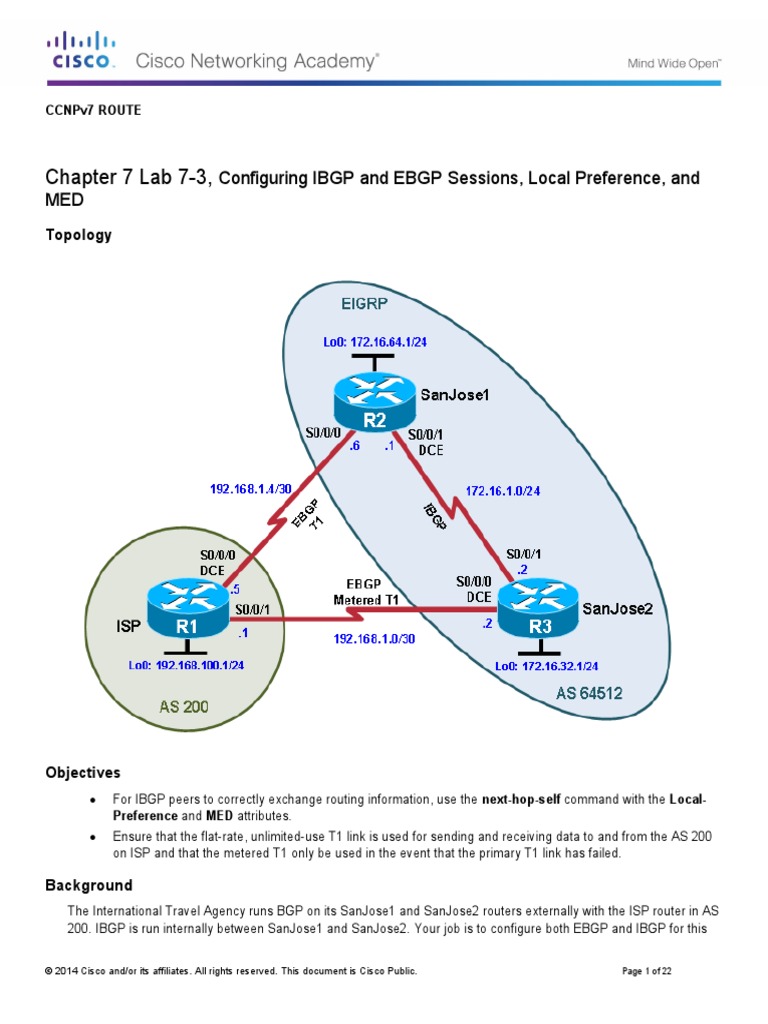 Chapter 7 Lab 7-3,: Configuring IBGP and EBGP Sessions, Local ...