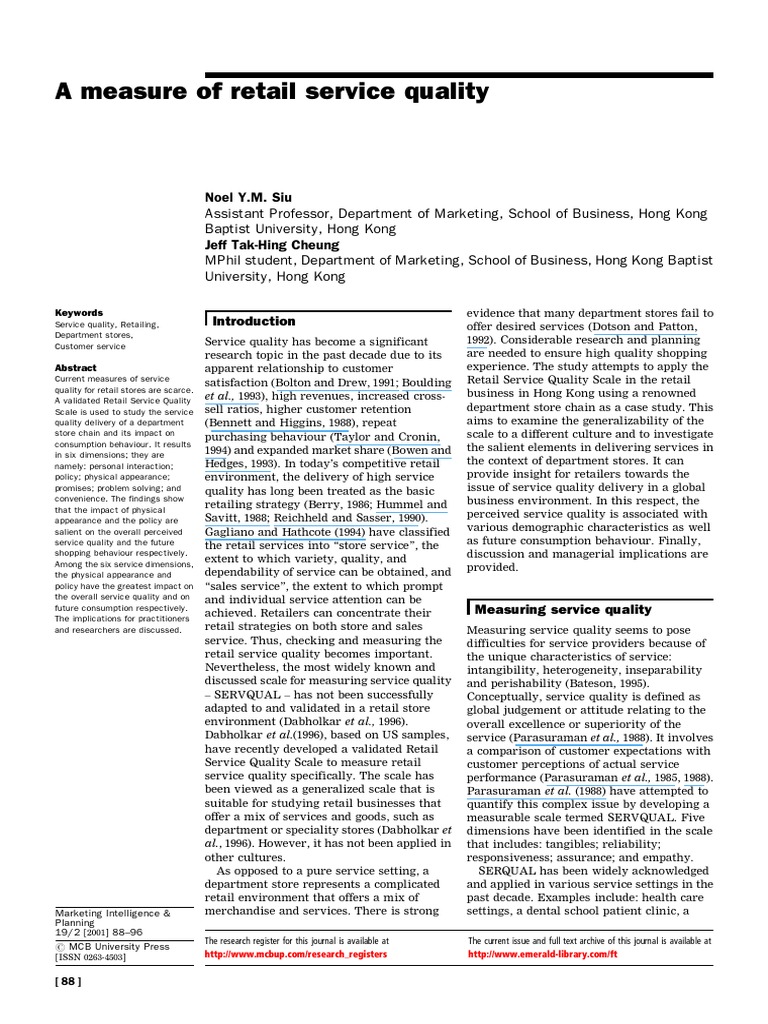 A Measure of Retail Service Quality: Keywords | PDF | Retail | Cronbach ...