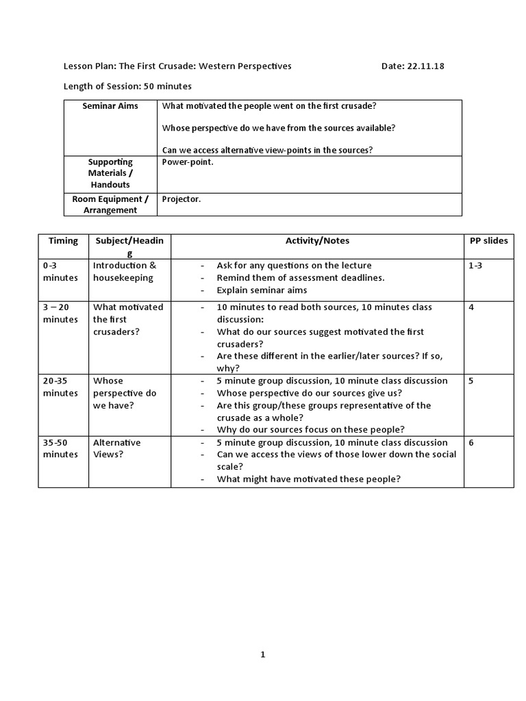 Lesson Plan Week 9 Piety To Fanaticism | PDF | Normans | Crusades