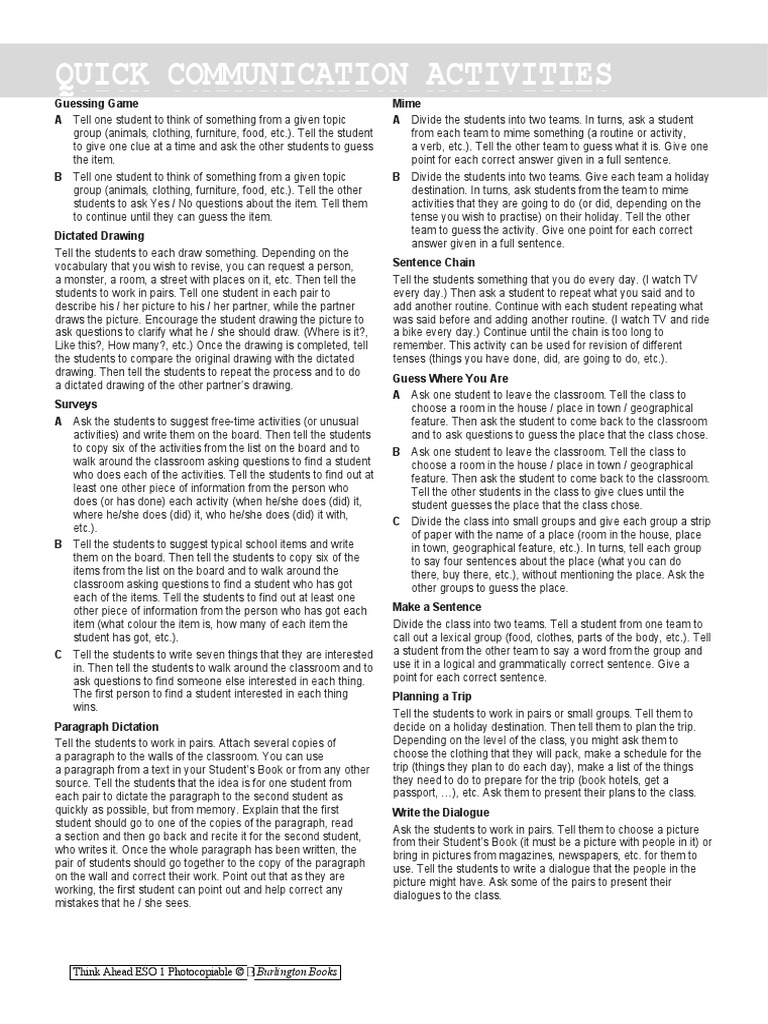 Quick Communication Quick Communication Activities Quick Communication ...