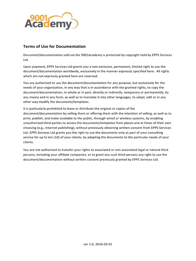 Terms of Use For Documentation | PDF