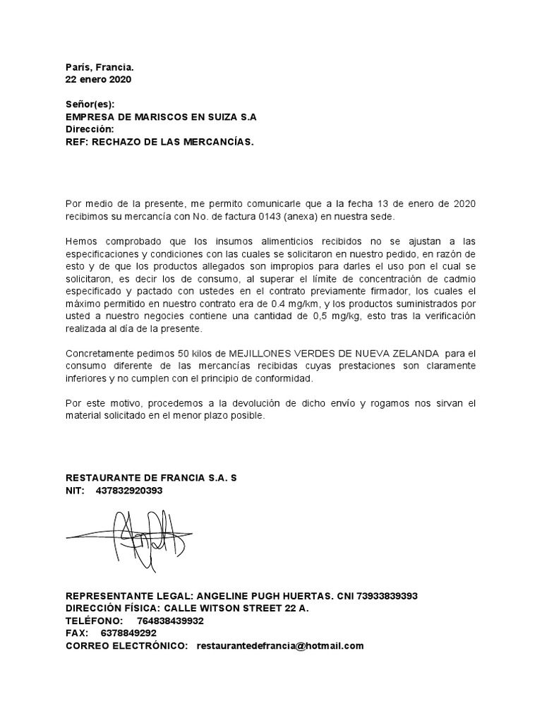 Carta de Rechazo de Mercancias. | PDF