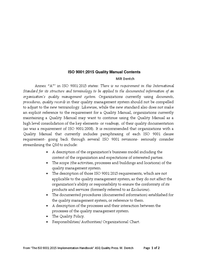 ISO 9001:2015 Quality Manual Contents | PDF | Iso 9000 | Quality Management