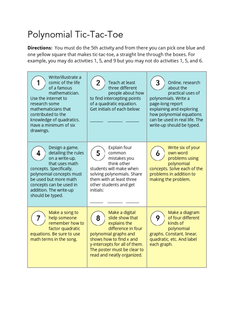 Polynomial Tic-Tac-Toe 1 | PDF | Polynomial | Quadratic Equation