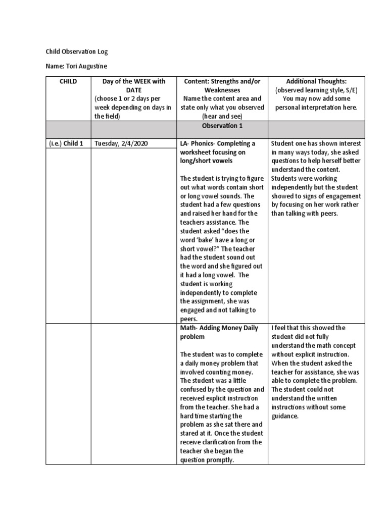 Final Child Observation Log - Assessment Portfolio 1 6 1 | PDF ...
