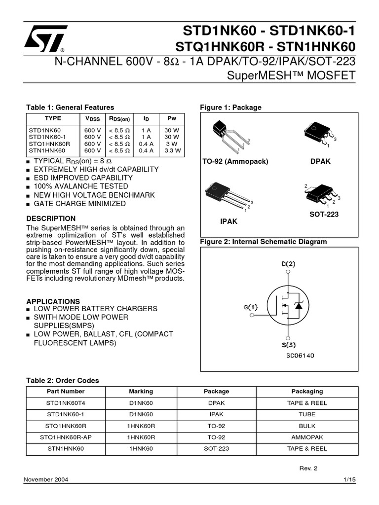 STD1NK60 - STD1NK60-1: Stq1Hnk60R - Stn1Hnk60 | PDF | Field Effect Transistor | Diode