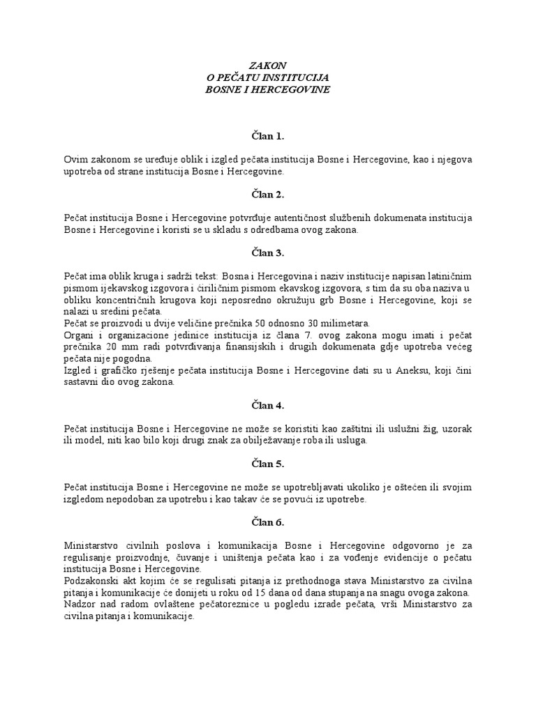 Zakon o Pecatu Institucija BiH - 12-98 - Bs | PDF