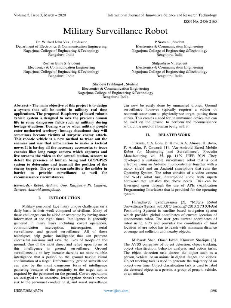 Military Surveillance Robot: Keywords:-Robot, Arduino Uno, Raspberry Pi ...