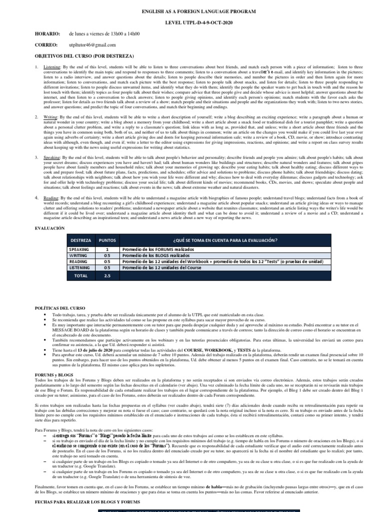 English As A Foreign Language Program LEVEL UTPL-D-4-9-OCT-2020 Horario ...