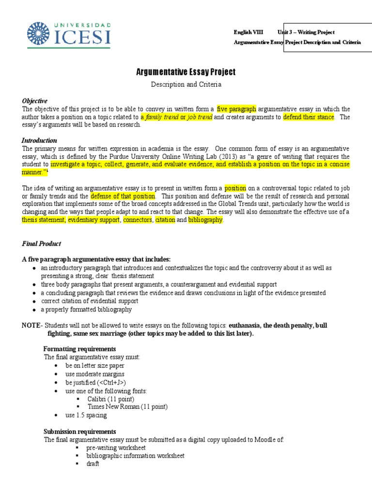 Argumentative Essay Project Description | PDF | Essays | Citation