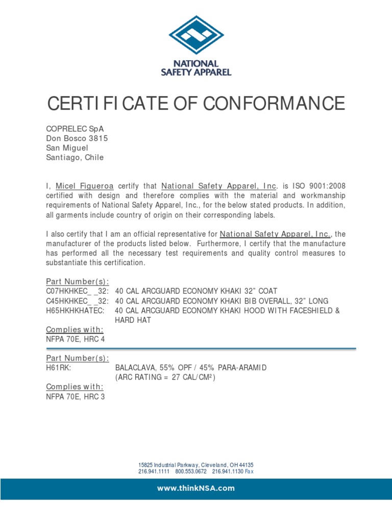 40 Cal ArcGuard Economy Certificate of Conformance | PDF