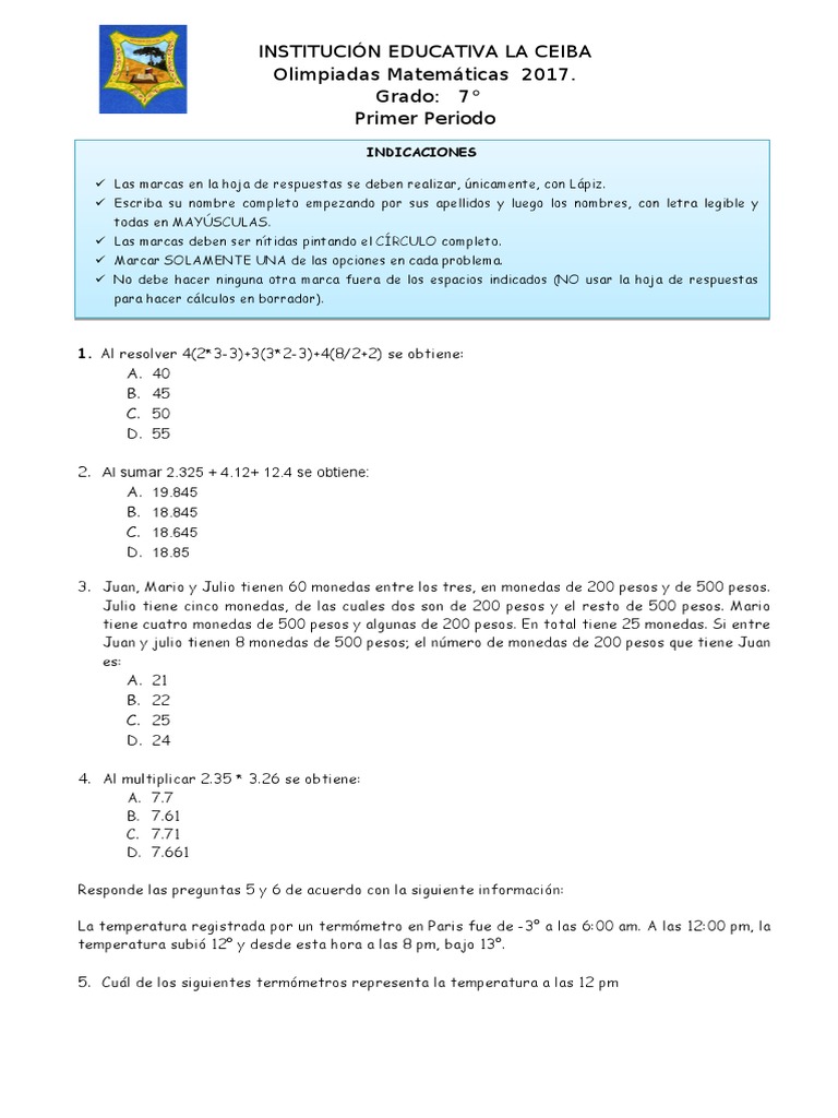 OLIMPIADAS MATEMATICAS SEPTIMO GRADO Primer Periodo 2017 | PDF ...