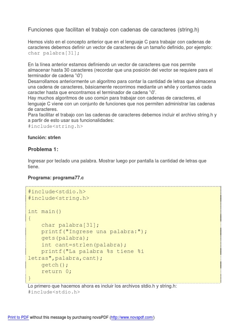 Funciones Con Cadenas de Caracteres | PDF | Cadena (informática) | Lenguaje de programación