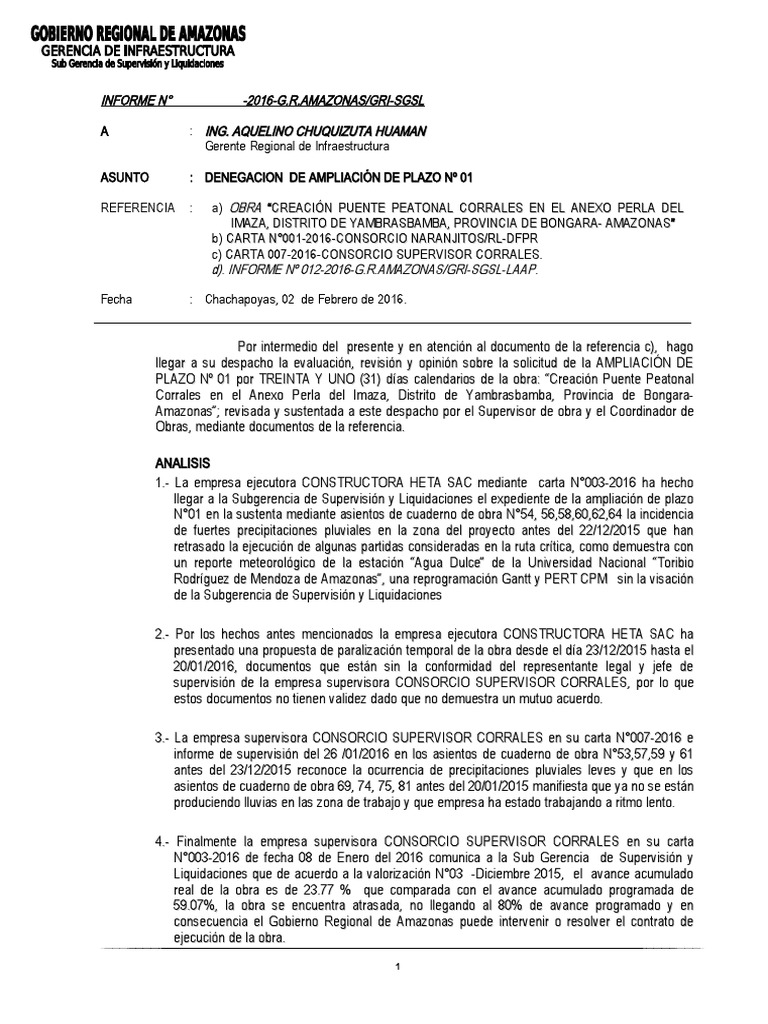 Informe Ampliacion De Plazo Pdf