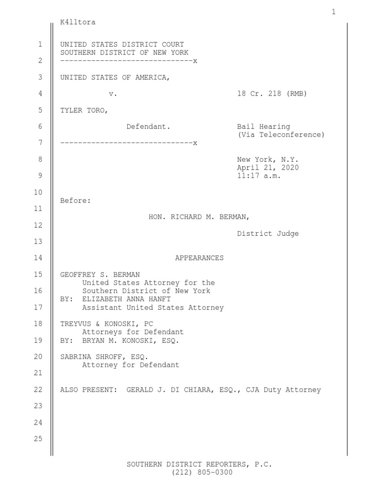 SDNY Judge Berman and Shroff Cites Cohen Exploring Freeing Tyler Toto ...