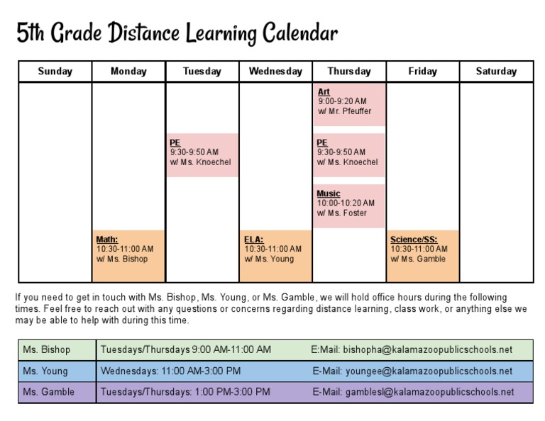 5th Grade Distance Learning Calendar | PDF